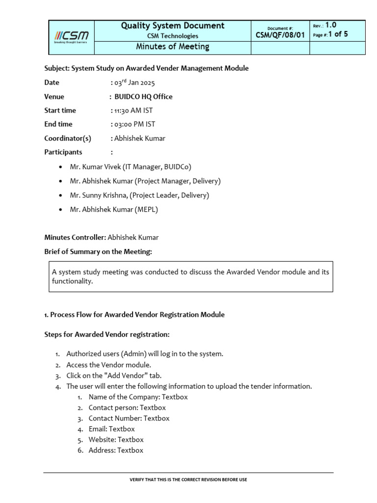 BUIDCo-PMS 20 12 System Study Vendor Module 03-01-2025 V1.0 | PDF ...