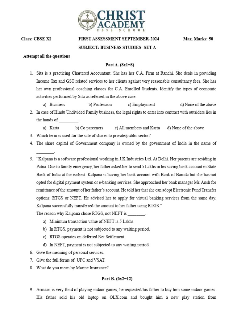 Assessment 1 - XI CBSE Set A | PDF | Money | Payments