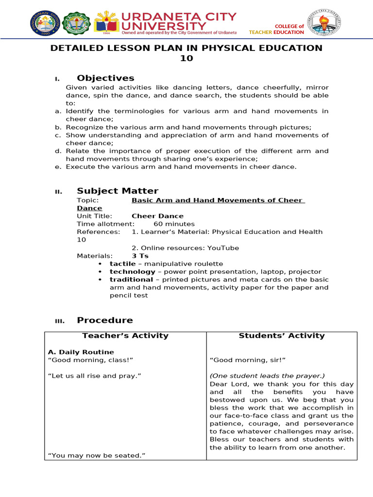 Basic Cheer Dance Movements Lesson Plan | PDF | Choreography | Dances