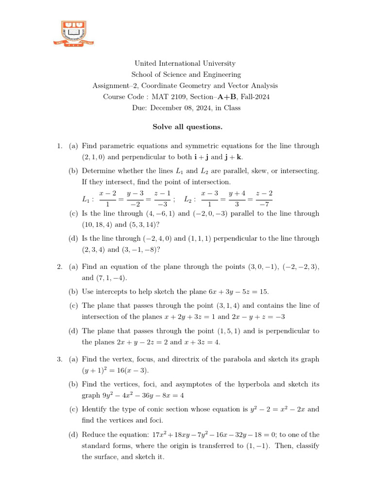 Coordinate Geometry & Vector Analysis Assignment | PDF | Line (Geometry) | Differential Geometry