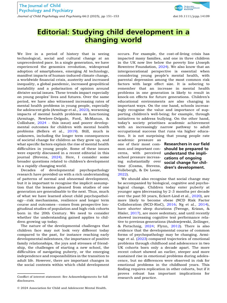 Editorial Studying child development in a changing world | PDF | Mental Health | Child Development
