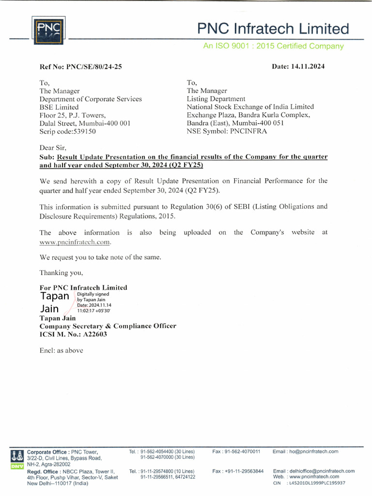 PNC Infra_PPT_Nov 2024 | PDF | Equity (Finance) | Deferred Tax