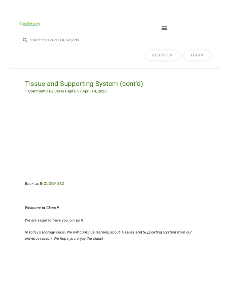 Tissue and Supporting System (Cont'd) - ClassNotes - NG | PDF | Tissue ...