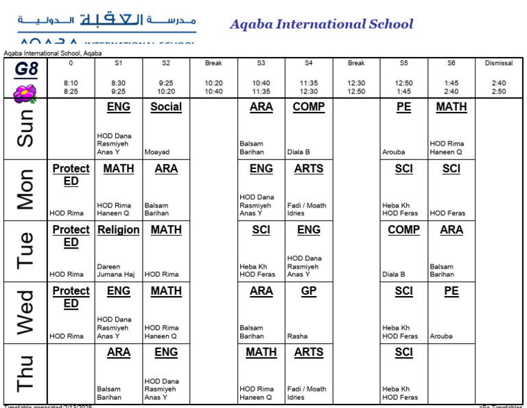 Grade 8 Timetable - Aqaba Int'l School | PDF