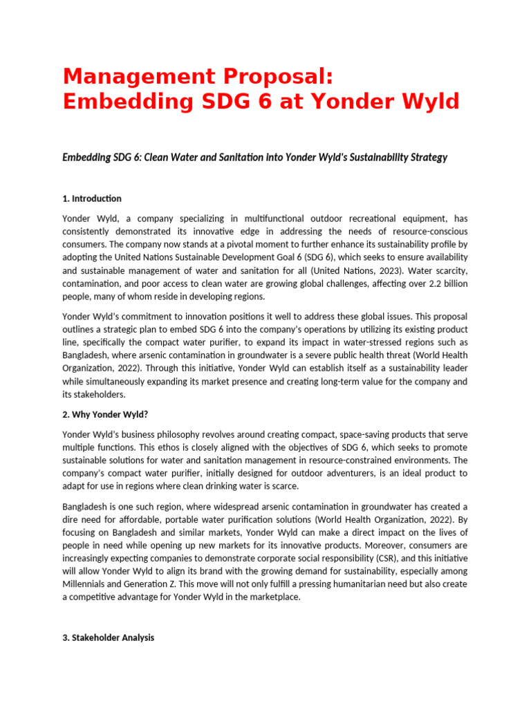 Management Proposal - Embedding SDG 6 at Yonder Wyld | PDF | Drinking Water | Corporate Social ...