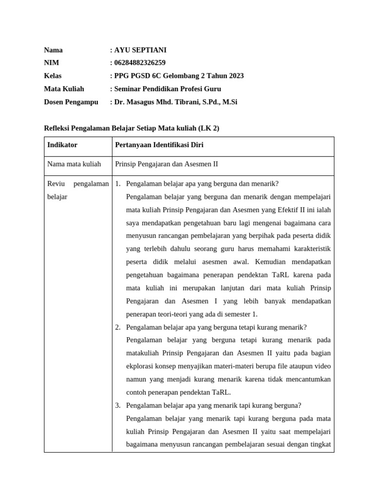 Jurnal Refleksi - Ayu Septiani - Prinsip Pengajaran Dan Asesmen II | PDF