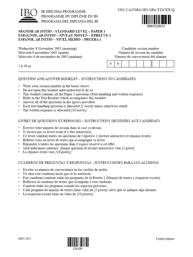 Spanish Ab Initio Paper 1 Question Booklet SL | PDF