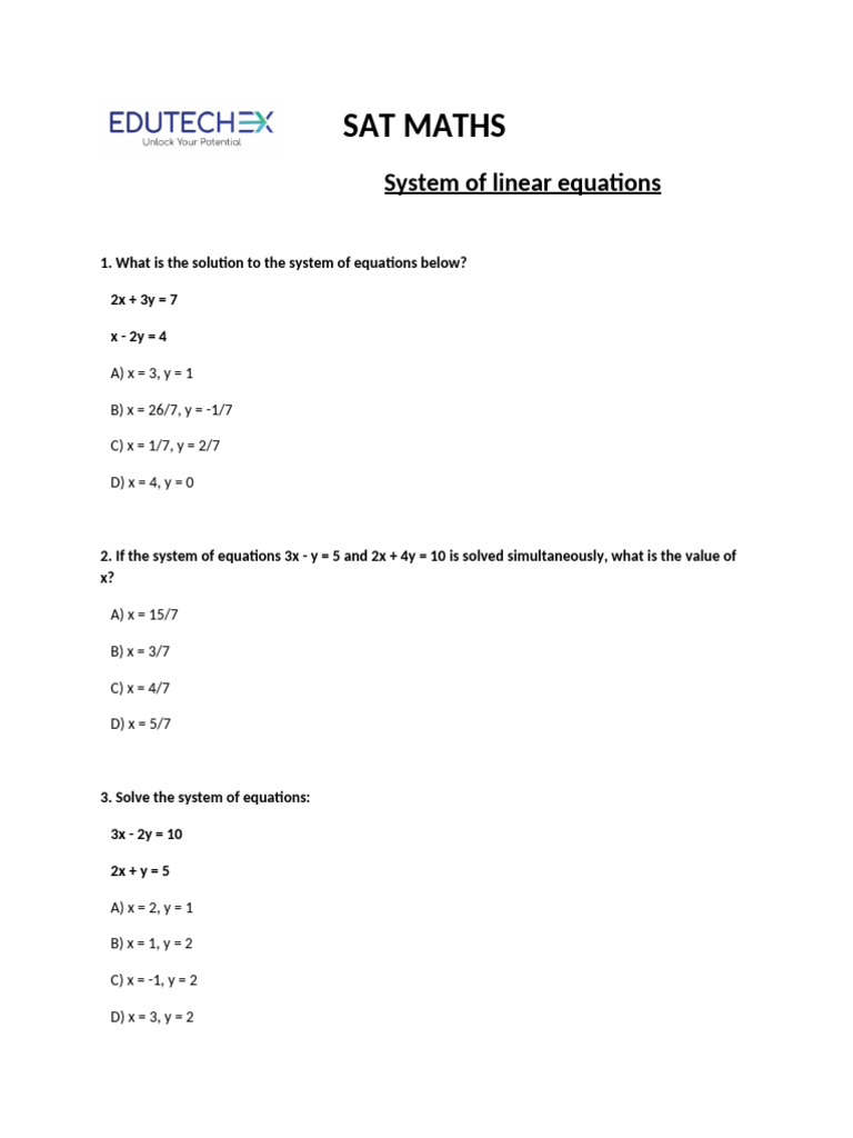 SAT Practice: Systems of Equations | PDF | Equations | Mathematics
