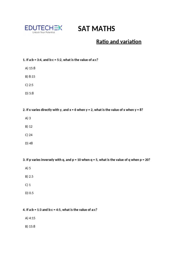 SAT Math: Ratios and Variations Quiz | PDF