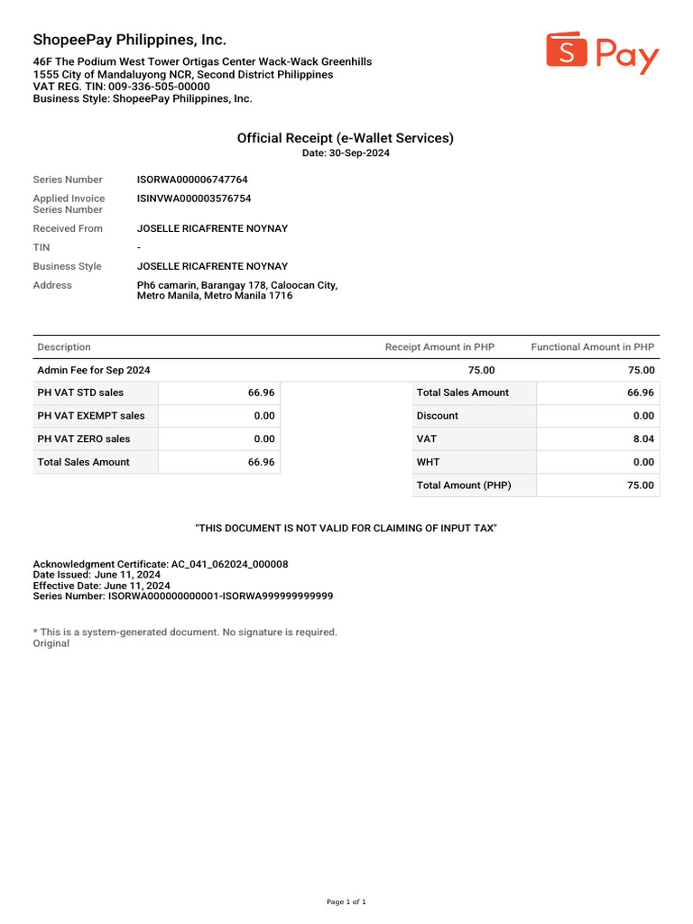 ShopeePay Official Receipt - Sep 2024 | PDF