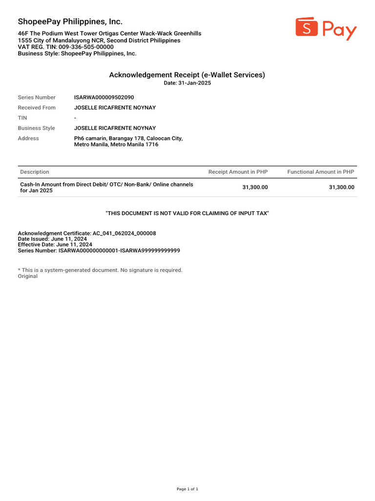 ShopeePay Acknowledgement Receipt (Jan 2025) | PDF