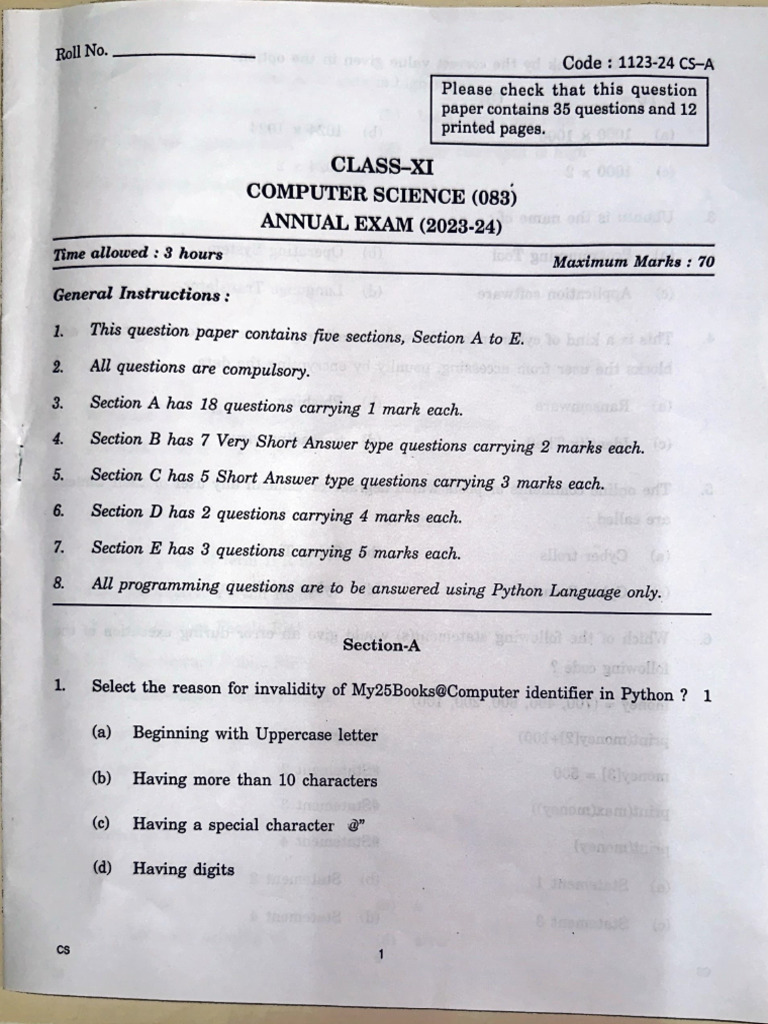 Q Paper XI CS Final 2023-24 Feb 2024 | PDF