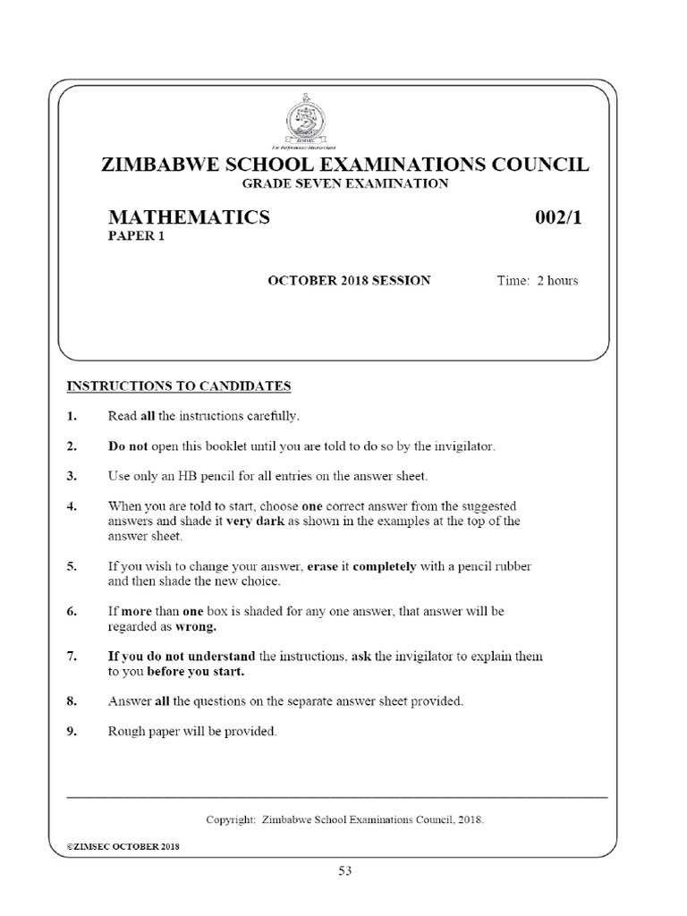 Zimsec Grade 7 Mathematics October 2018 Past Exam Question Paper 1 | PDF
