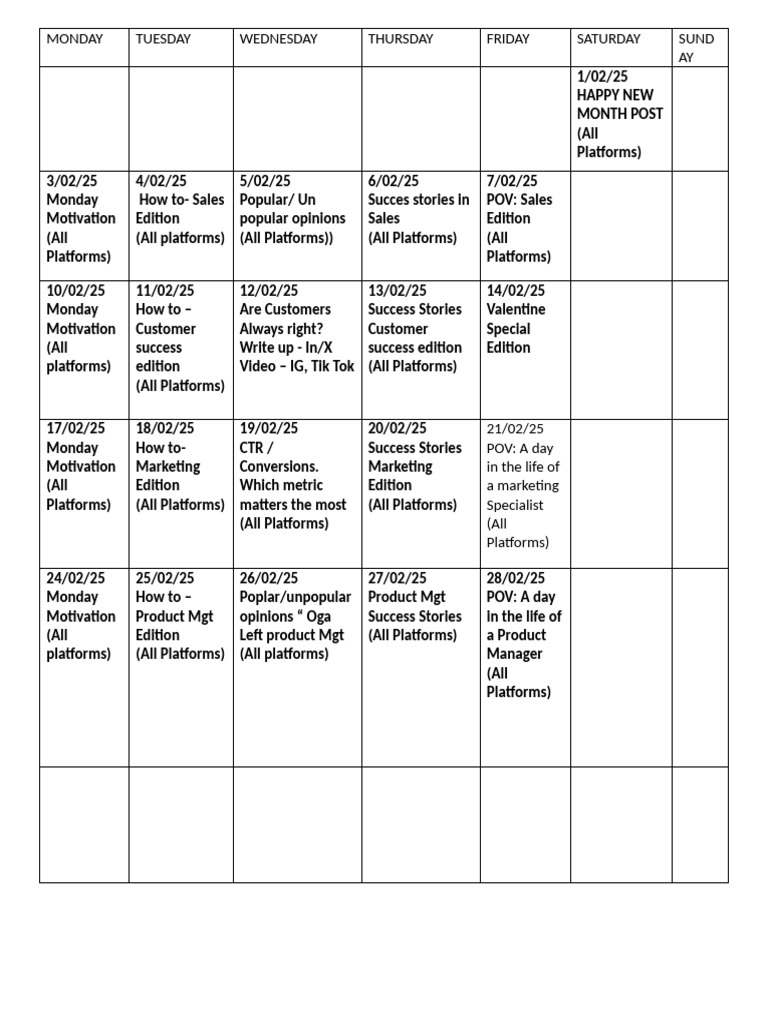 February Content Calendar for All Platforms | PDF