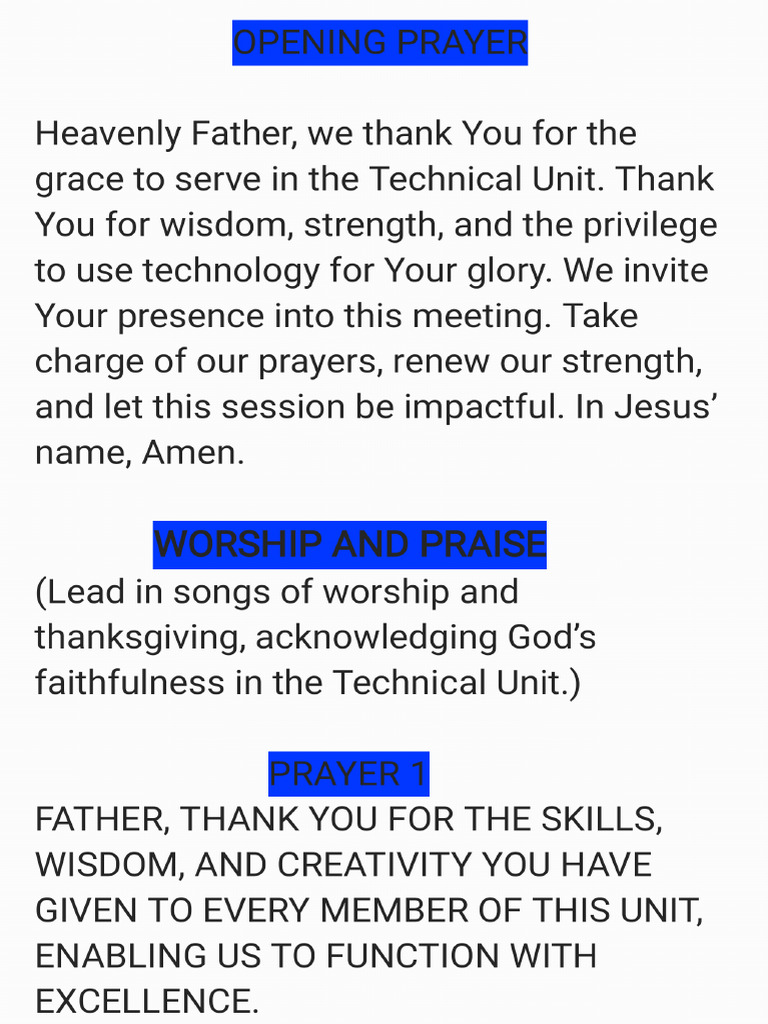 Technical Unit Saturday Midnight Prayer For 8th February 2025 | PDF