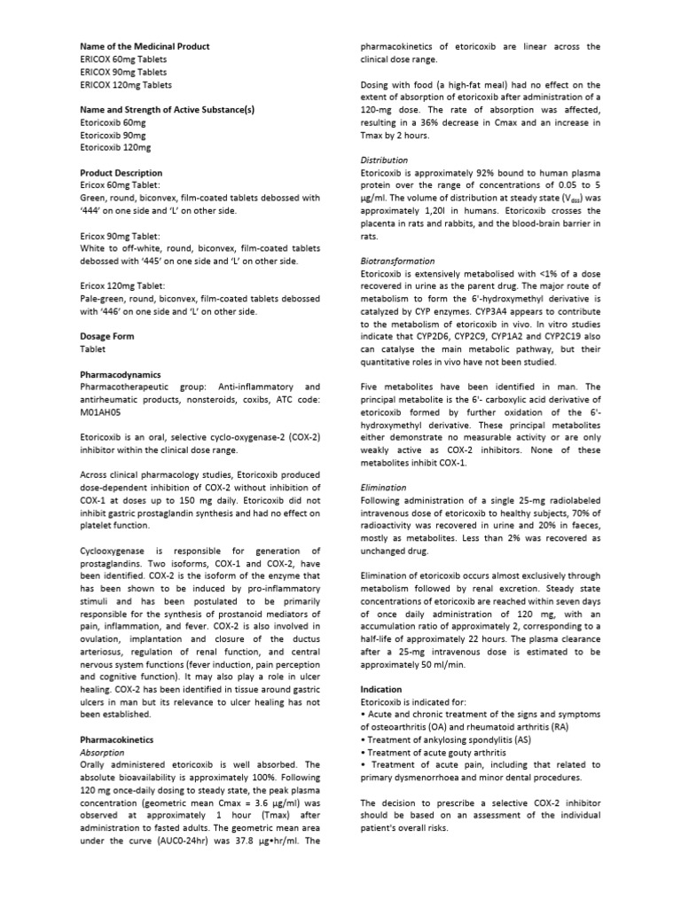 Ericox: Dosage and Indications for Etoricoxib | PDF | Pharmaceutical ...