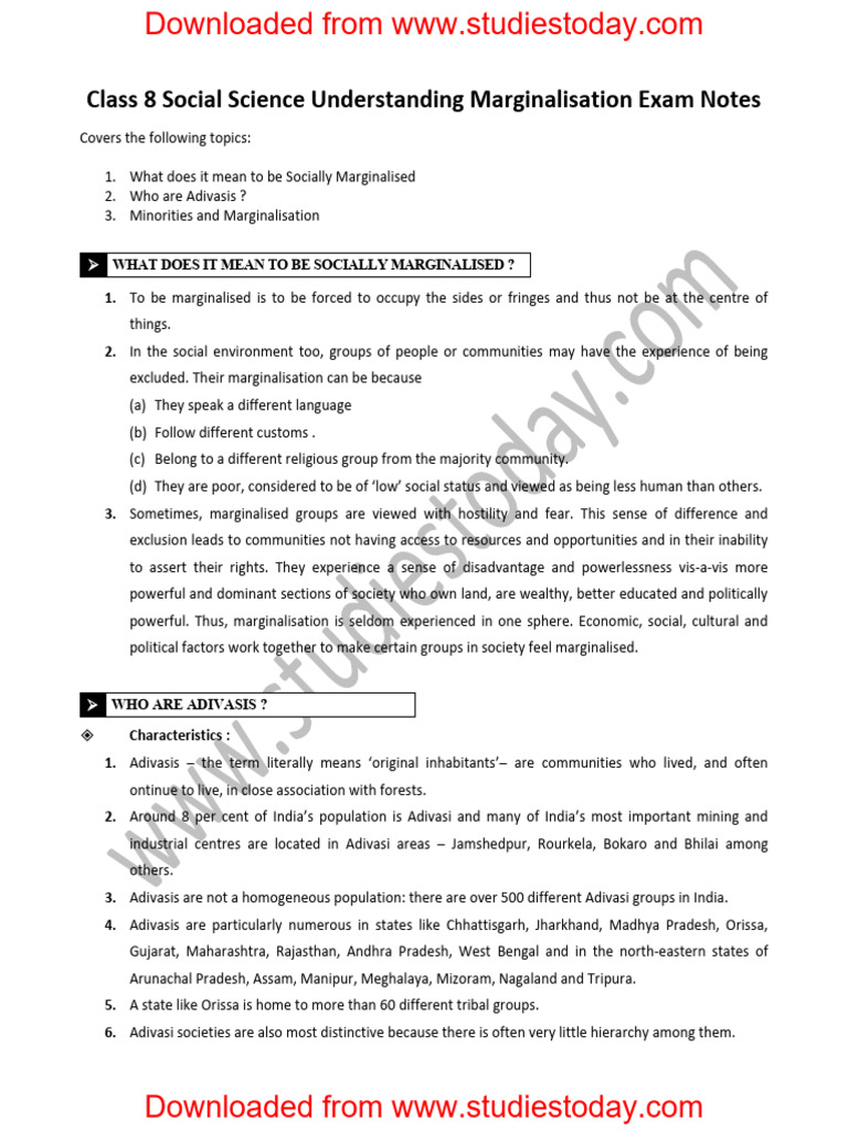 Class 8 Social Science Understanding Marginalisation Exam Notes | PDF ...