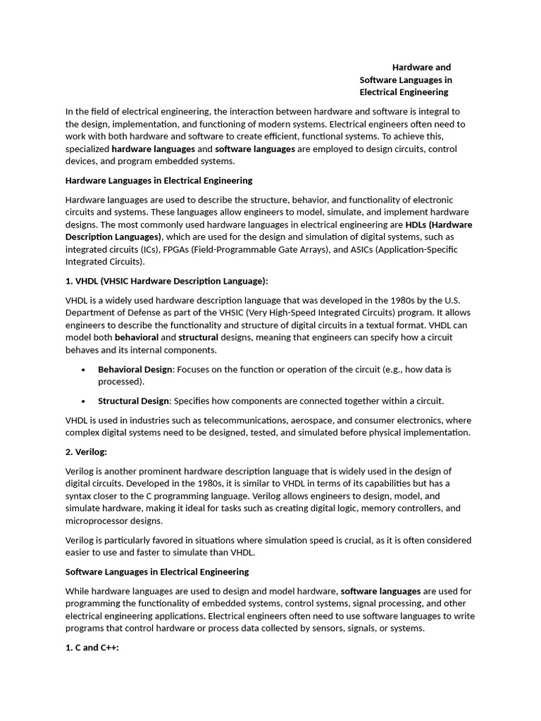 Hardware and Software Languages in Electrical Engineering | PDF ...