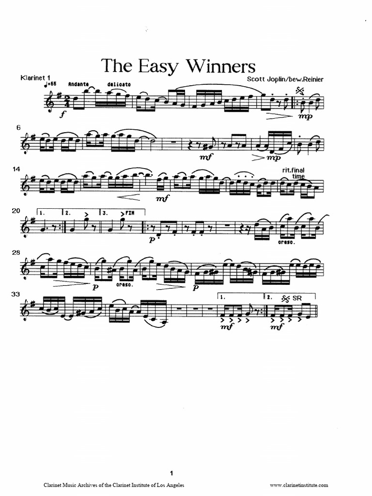 Easy Winners for Clarinet by Joplin | PDF