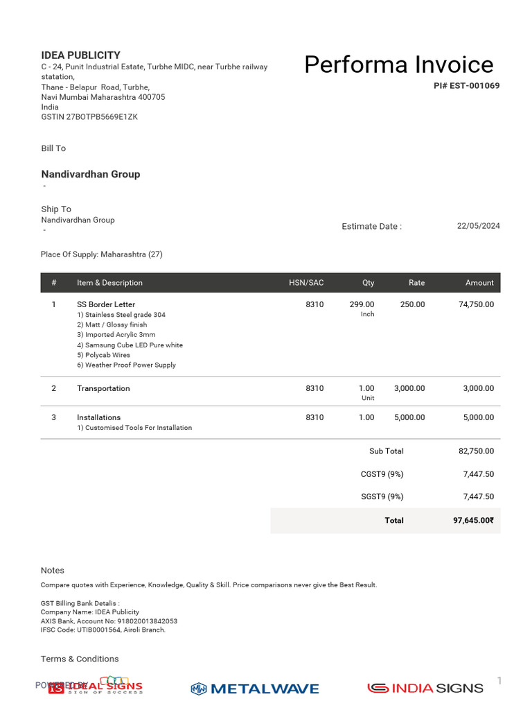 Performa Invoice for Nandivardhan Group | PDF