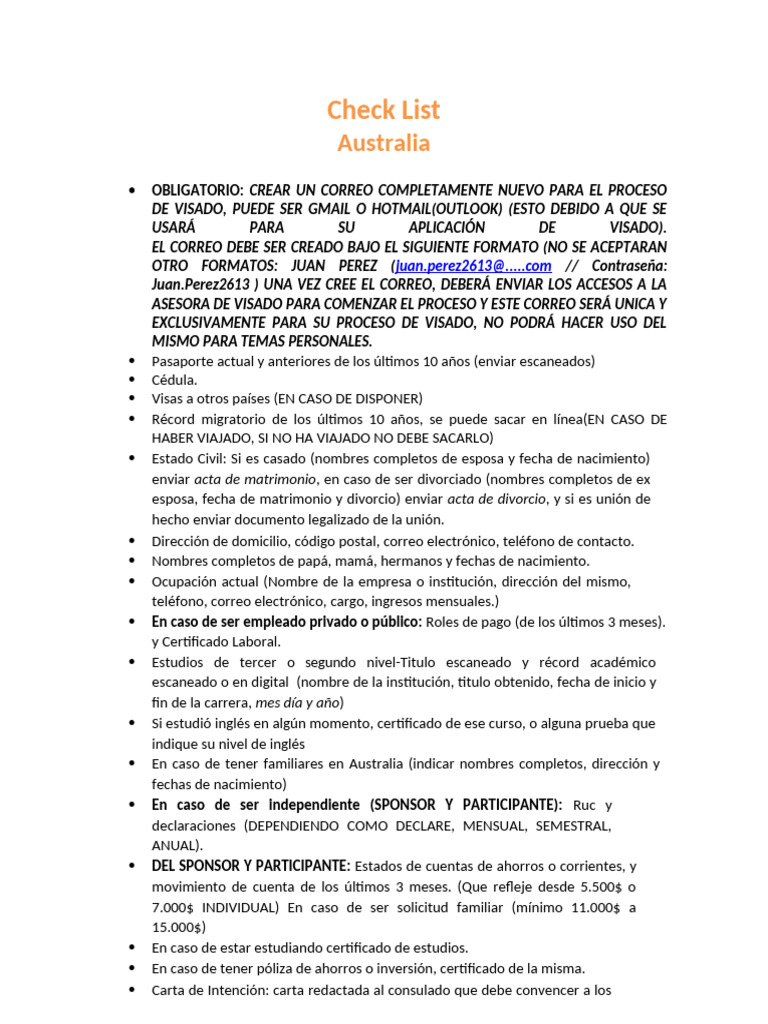 Check List Australia ACTUALIZADO (1) | PDF