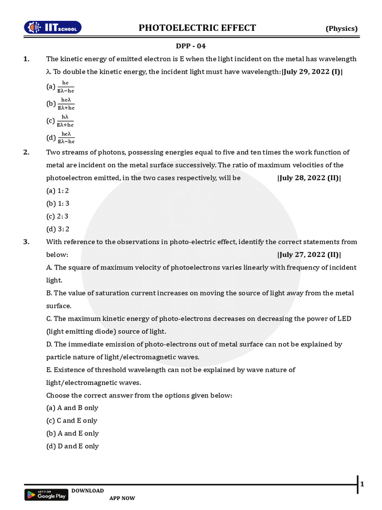DPP - 04 - Jee Mains PYQ Photoelectric Effect | PDF | Photoelectric Effect | Light