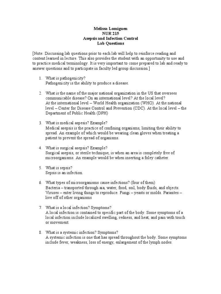 Lab 1 - Asepsis and Infection Control Questions | Infection | Public Health