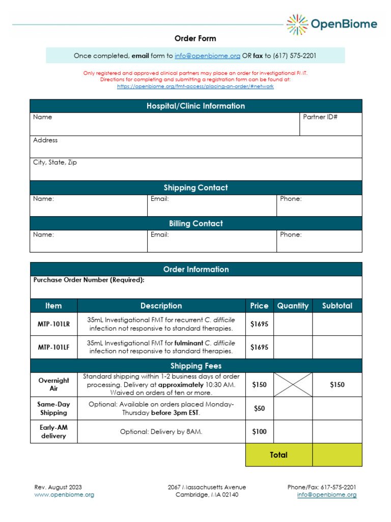 OpenBiome FMT Order Form Guide | PDF | Food And Drug Administration ...
