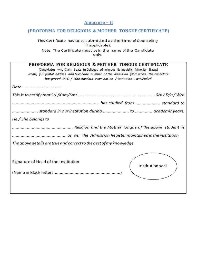 Annexure - II (Proforma For Religious & Mother Tongue Certificate) | PDF