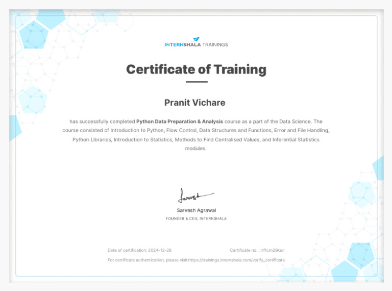 Python Data Preparation & Analysis Training - Certificate of Completion | PDF