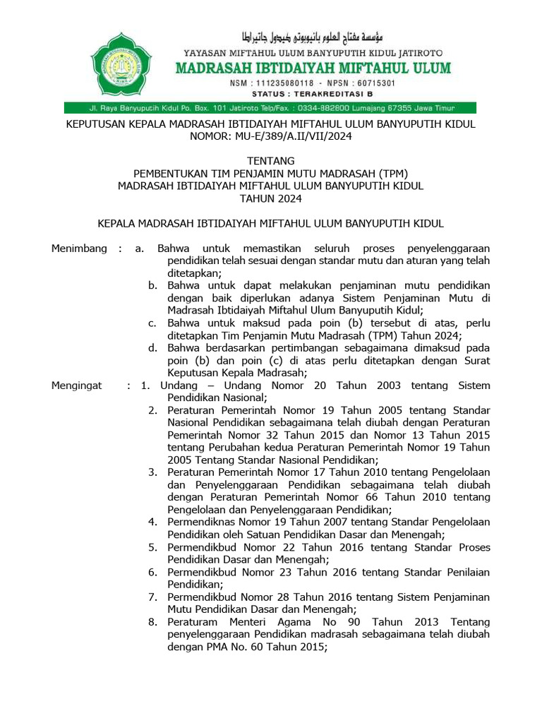 SK Tim Pengembang Madrasah (TPM) 2024 | PDF