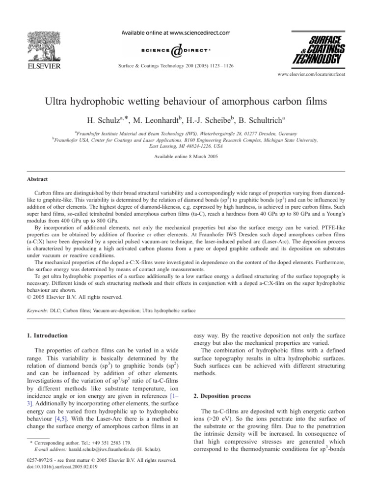 Ultra Hydrophobic Amorphous Carbon Films | PDF | Carbon | Argon