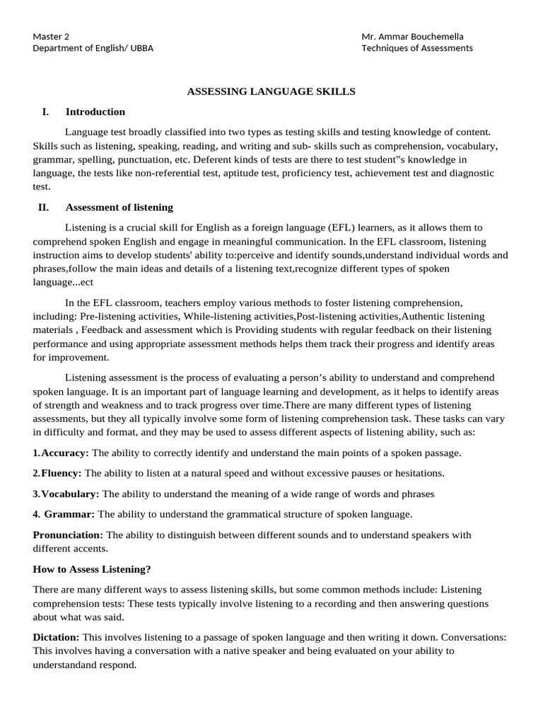 Assessing Language Skills | PDF | Reading Comprehension | Educational Assessment