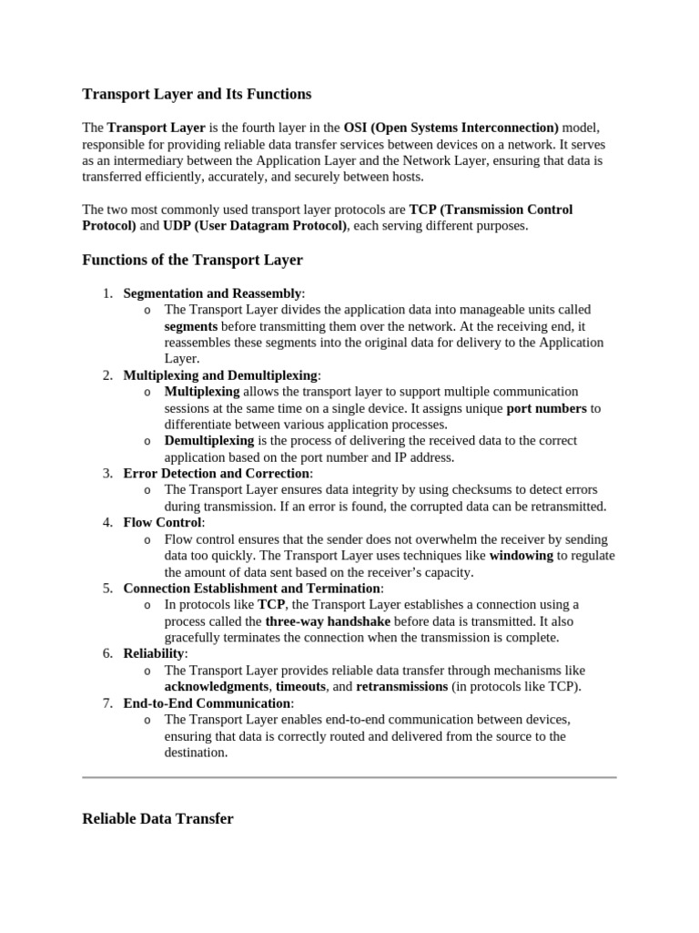 Transport Layer and Its Functions, reliable data transfer and flow | PDF | Transmission Control ...