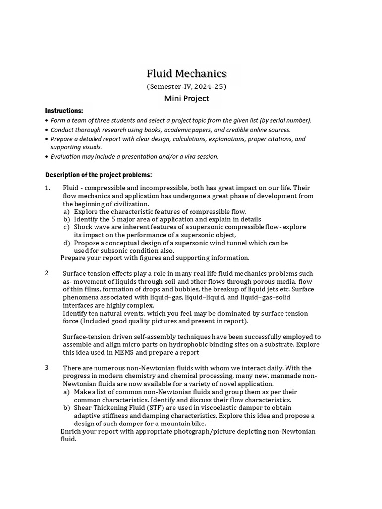 Fluid Mechanics Project Topics Guide Pdf Mechanical Engineering