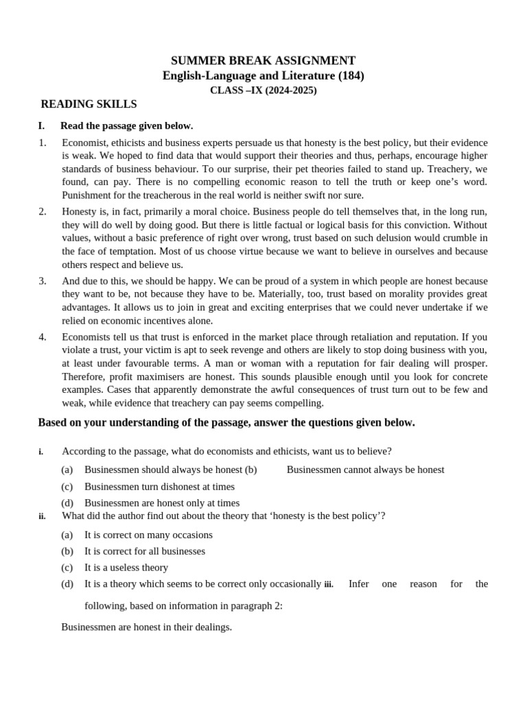 Summer Assignment: English Reading Skills | PDF | Pollution | Human ...