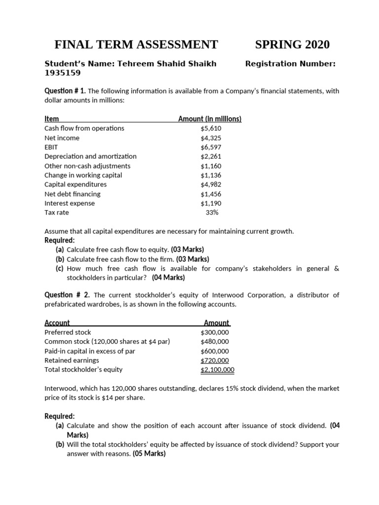 Final Term Assignment-SF-11 | PDF | Free Cash Flow | Stocks