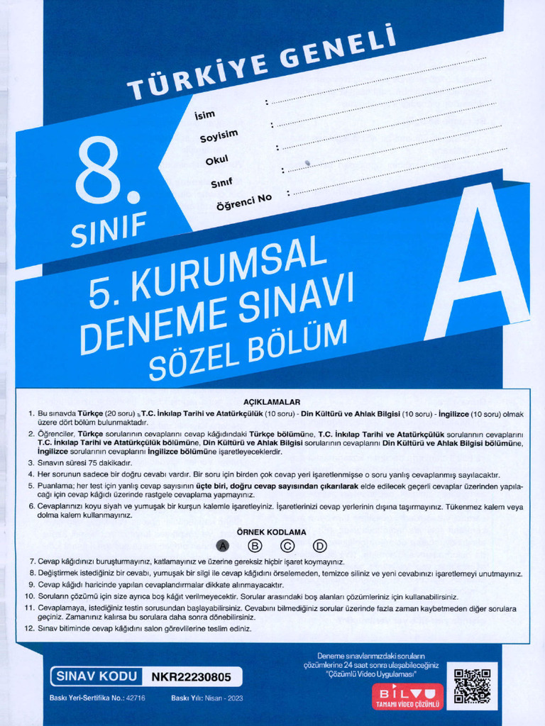 8.sinif Deneme Sinavi Ve Cevap Anahtari 3 | PDF