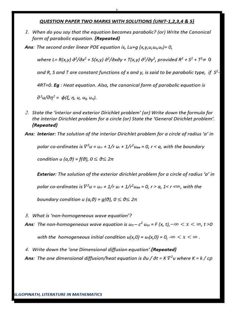 Partial Differential Equation Two Mark | PDF | Partial Differential Equation | Equations