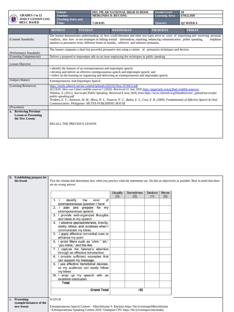 Melc DLL Eng 10 Week 6 Q2 | PDF | Public Speaking | Learning
