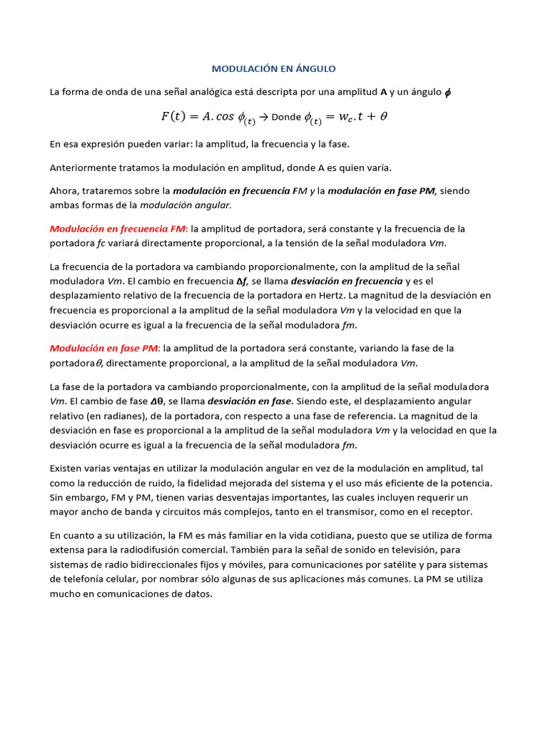 Modulación Angular: FM y PM | PDF | Modulación de frecuencia | Modulación