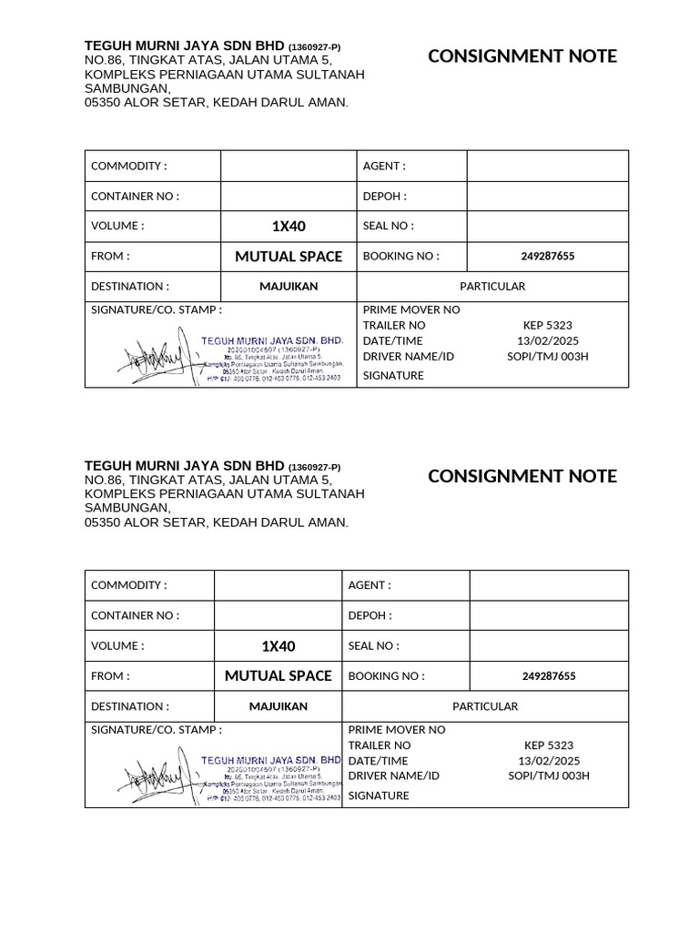 CONSIGNMENT NOTE KONTENA | PDF