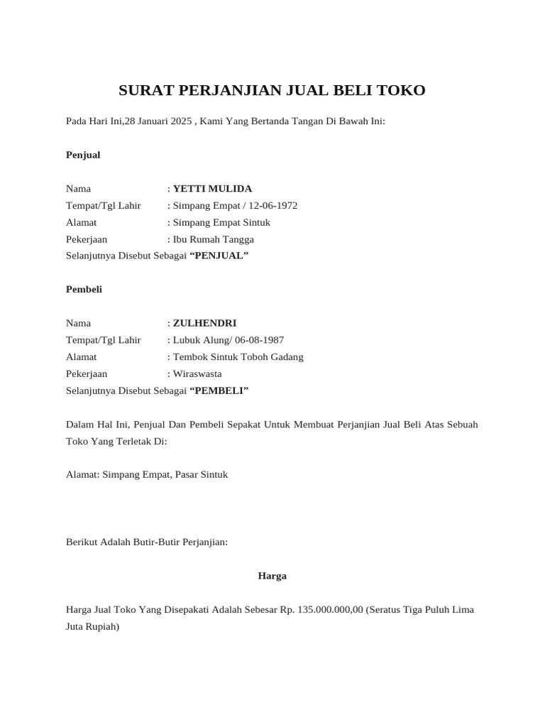 Surat Perjanjian Jual Beli Ruko | PDF