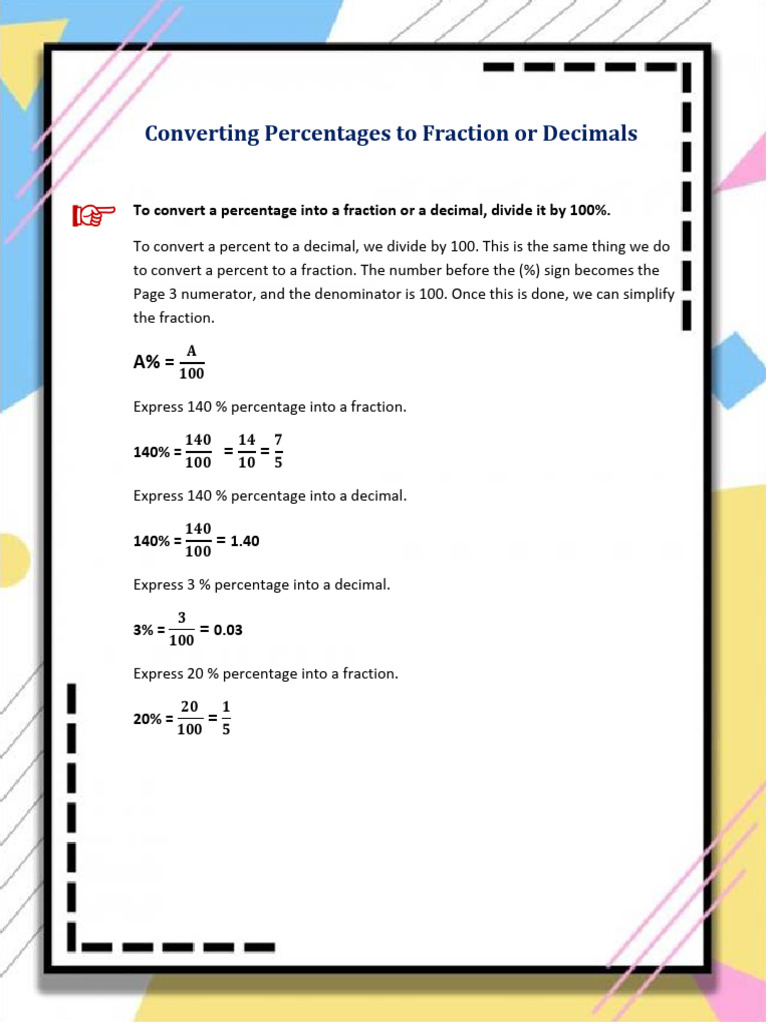 Converting Percentages To Fraction or Decimals: To Convert A Percentage ...