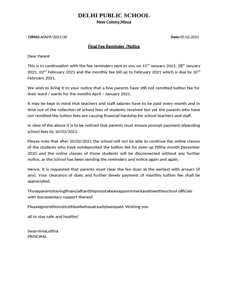 Final Fee Reminder for Delhi Public School | PDF