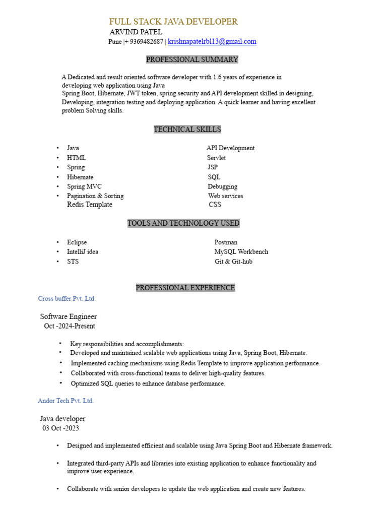 1.6 Years Experience New (AutoRecovered) | PDF | Java (Programming Language) | Software Development