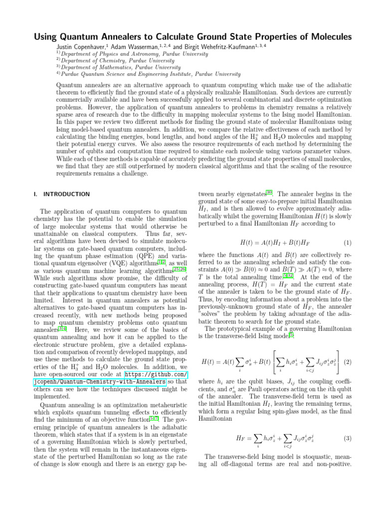 Using Quantum Annealers To Calculate Ground State Properties of Molecules | PDF | Quantum ...