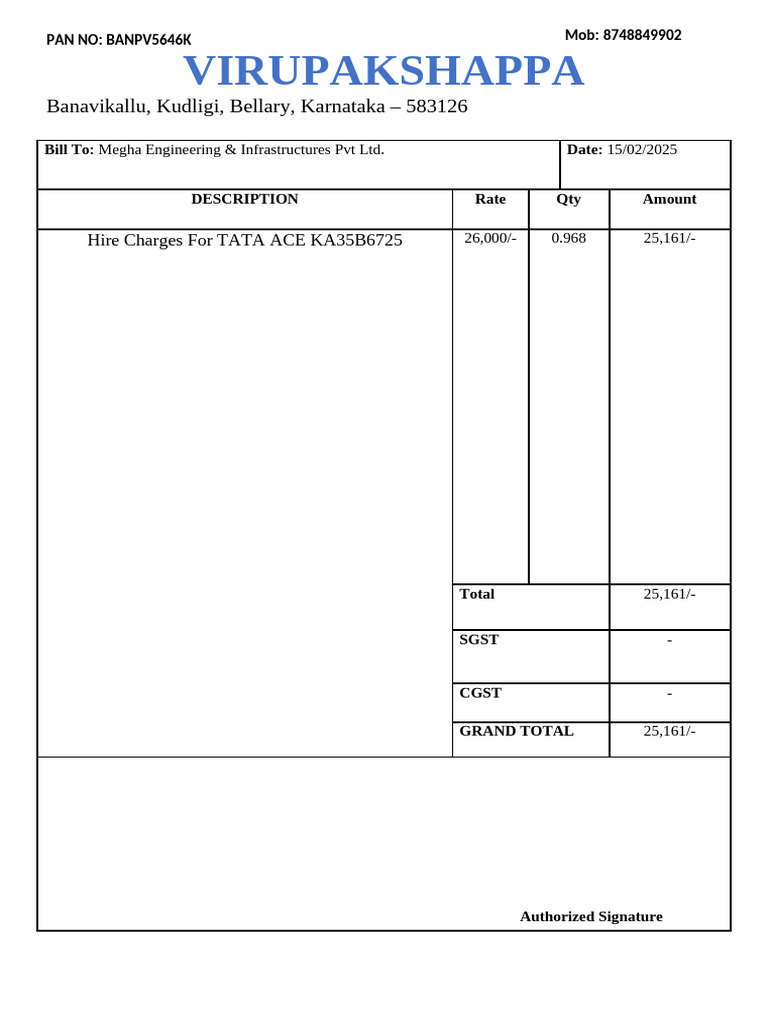 Invoice for TATA ACE Hire Charges | PDF