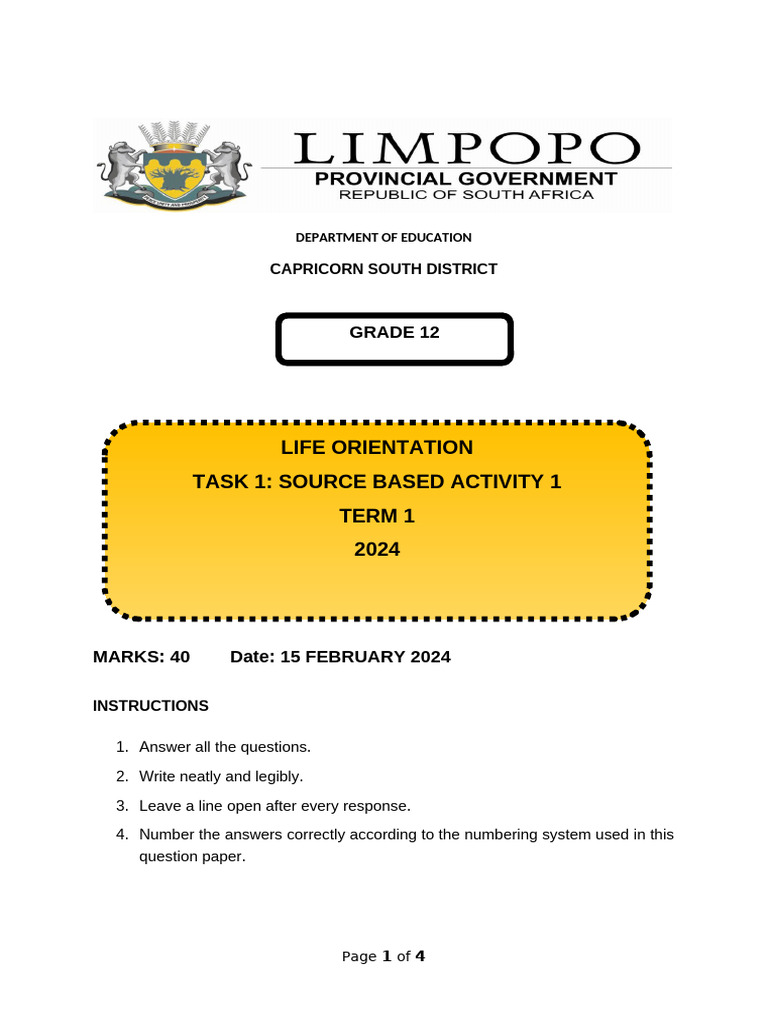 Grade 12 Life Orintation Task 1 Activity 1 Year 2024 | PDF | Stress ...