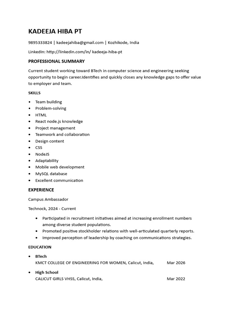 Kadeeja Hiba: Aspiring Tech Professional | PDF